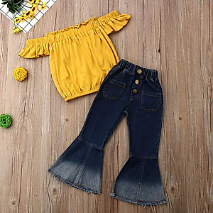 Toddler Baby Girl Clothes Off Shoulder Tube Top Shirt Bell Bottom Jeans Pants Summer Outfits (Yellow top, 4-5T)