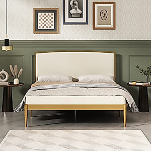 YUHUASHI Platform Metal Bed Frame, Simple Design, Linen-Covered Curved headboard, Metal Frame and Foot, Easy to Assemble and noiseless (Beige & Gold, Queen)