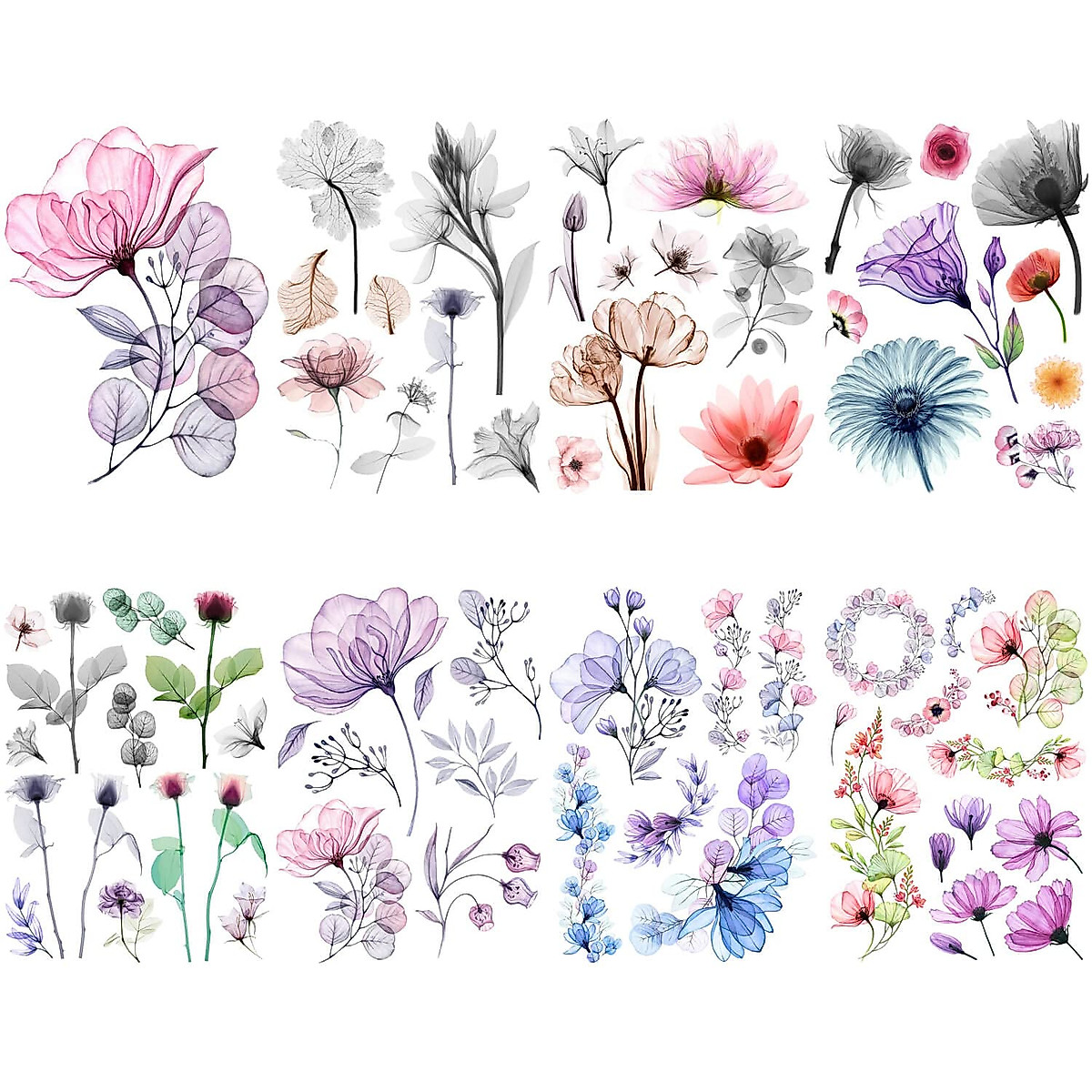 GLARYYEARS X-ray Flower Temporary Tattoo, 8-Pack Creative Realistic Flower Tattoos, Floral Design Variety Pack Fake Tattoo Stickers for Women Girls, Long-lasting Tattoos for Body Face Hand Arm