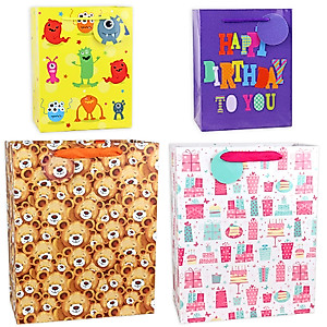 FZOPO Kids Birthday Gift Bag Assortment, Heavy Duty Paper Gift Bags, Red, Blue, Purple, Yellow, Brown, Pack of 12 Small, Medium, Extra Large Bags for Birthdays, Kid Party, Childrens Day