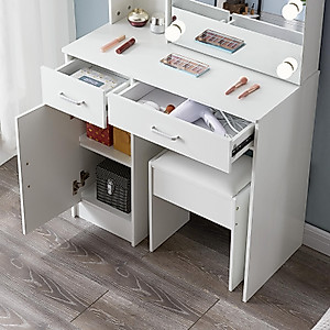 Absethink WhiteVanity Table,Make up Vanity Dressing Table with Mirror,Corner Vanity with Mirror with Lights,Vanity for Womens Vanities for Makeup