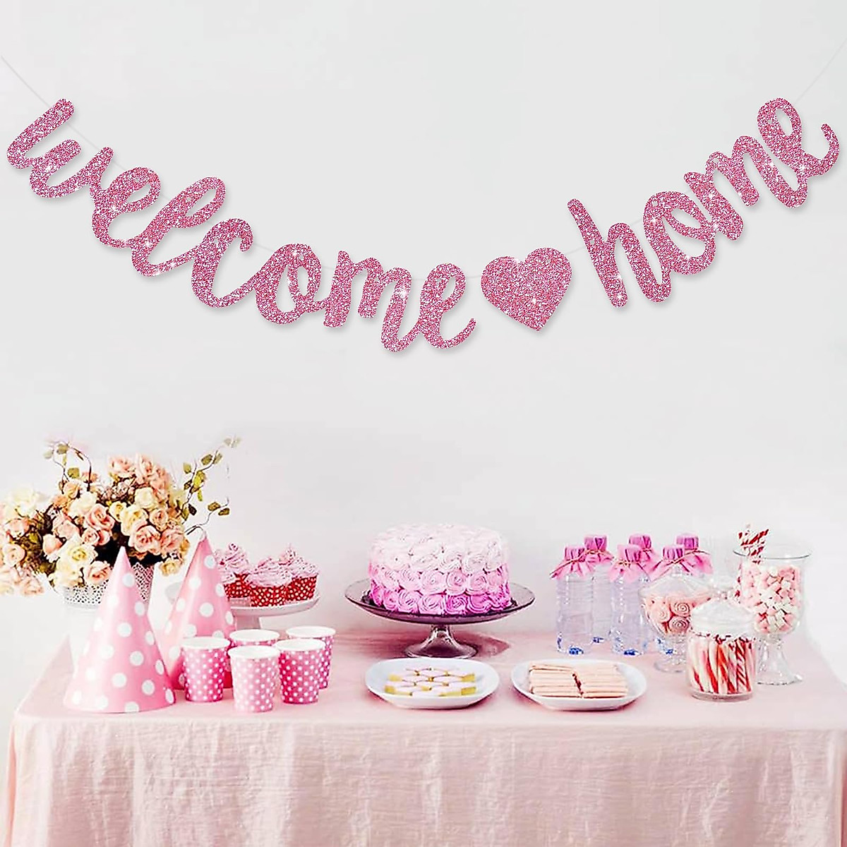 BEISHIDA Pink Welcome Home Banner,No DIY,Pre-Strung Welcome home Decorations,Glitter welcome home Party Sign,Homecoming,Housewarming,Graduation Ceremony, Family Reunion, Military Return Party Supplies