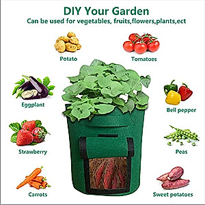 10 Gallon Grow Bags, 5Pack Potato Grow Bags with 2 Side Windows, Breathable Nonwoven Plant Bags with 2 Sturdy Handles, Garden Bags to Grow Vegetables Flower Fruit, Tomato Chili Onions Corn Etc (Green)