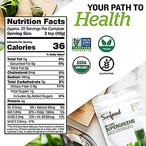 Sunfood Superfoods Super Greens Powder, Organic Green Juice/Smoothie Mix w/Digestive Enzymes & Probiotic for Gut Health, Good Source of Liquid Chlorophyll, Spirulina & Chlorella, 8 oz, 22 Servings