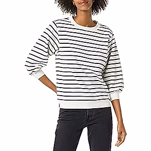 Amazon Essentials Women's French Terry Fleece Sleeve Detail Crewneck Sweatshirt, Black White Stripe, Large