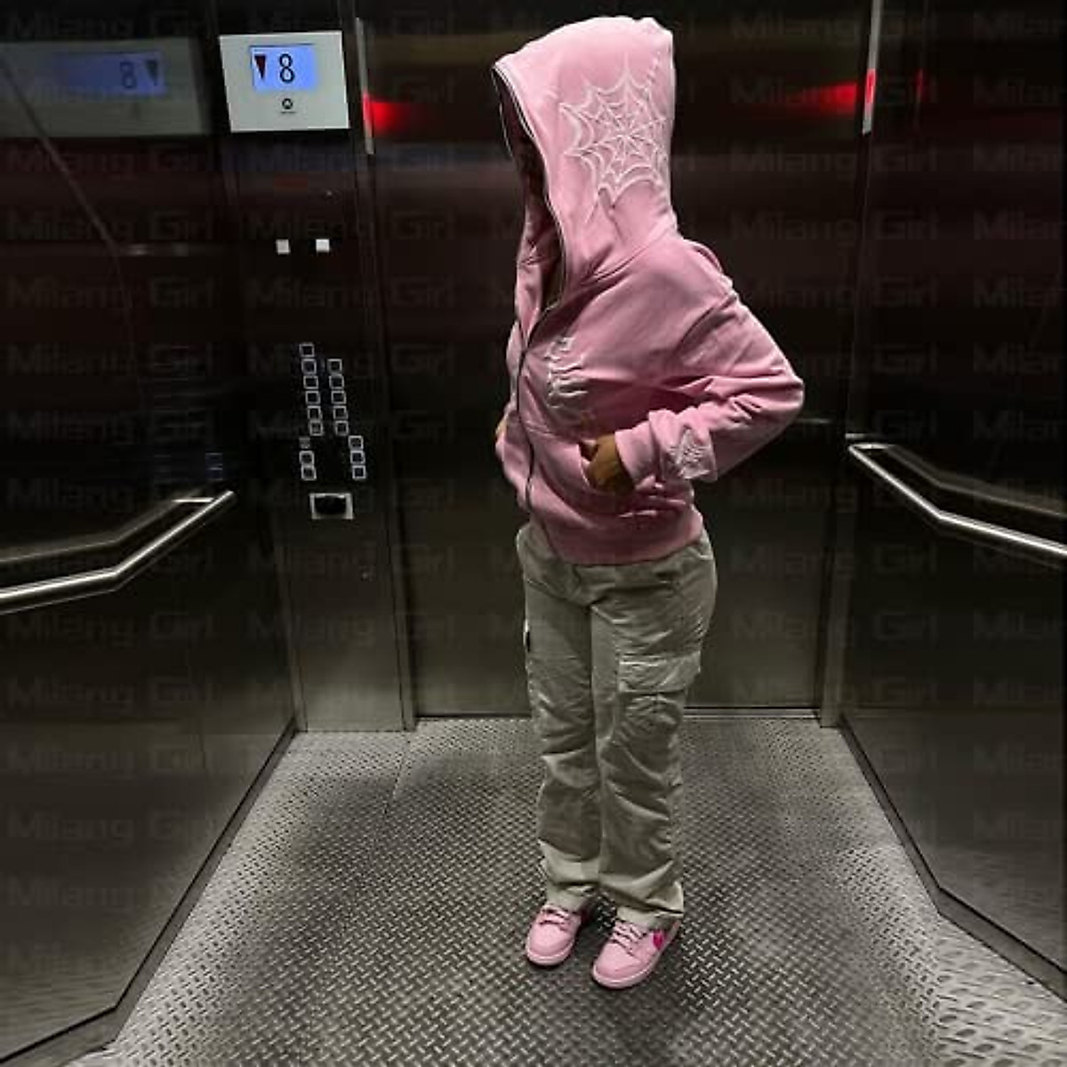 SOIIVRU Y2k Spider Web Print Full Zip Casual Fashion Sweater Hoodie Front and Back (Pink,M,Unisex Adult,Unisex,Adult,US,Alpha,Medium,Regular,Regular)