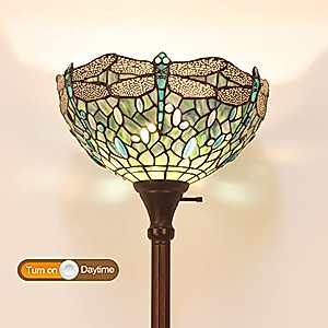 MOOVIEW Tiffany Floor Lamp Torchiere LED Uplight Stained Glass Dragonfly Retro Floor Lamps for Living Room Retro Corner Bright Torch Lamp Included 1PCS LED Bulb(2700K, E26), Sea Blue