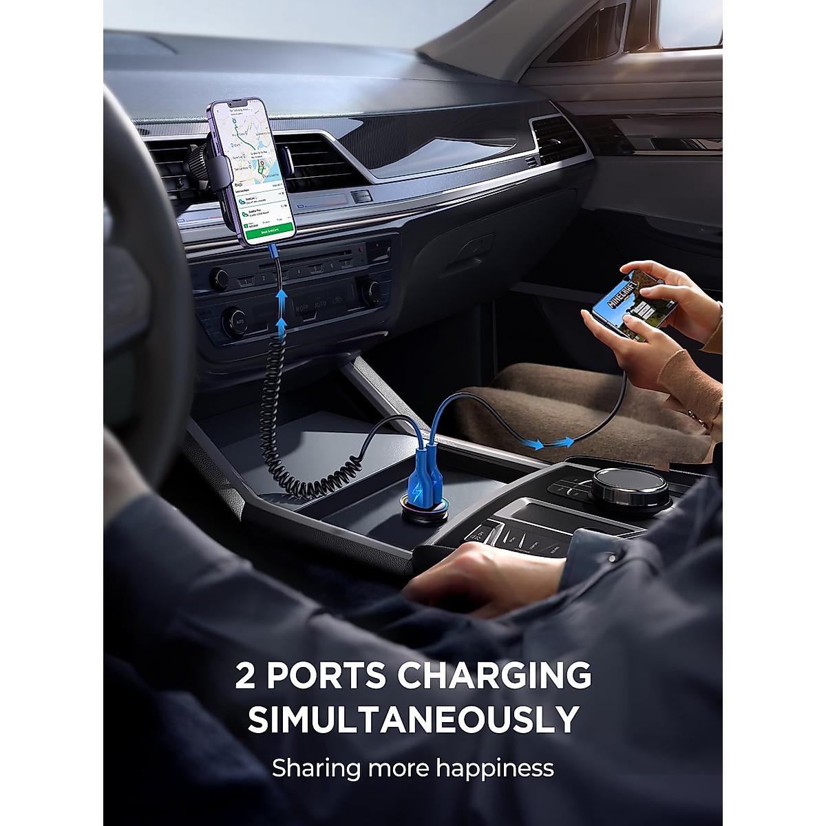 Car Charger，JOYROOM 4.8A Car Phone Charger All Metal, Mini Cigarette Lighter USB Charger with Type C Coiled Cable for iPhone 15 Pro, Dual USB Car Charger Adapter Fast Charge for iPhone/Samsung/Android