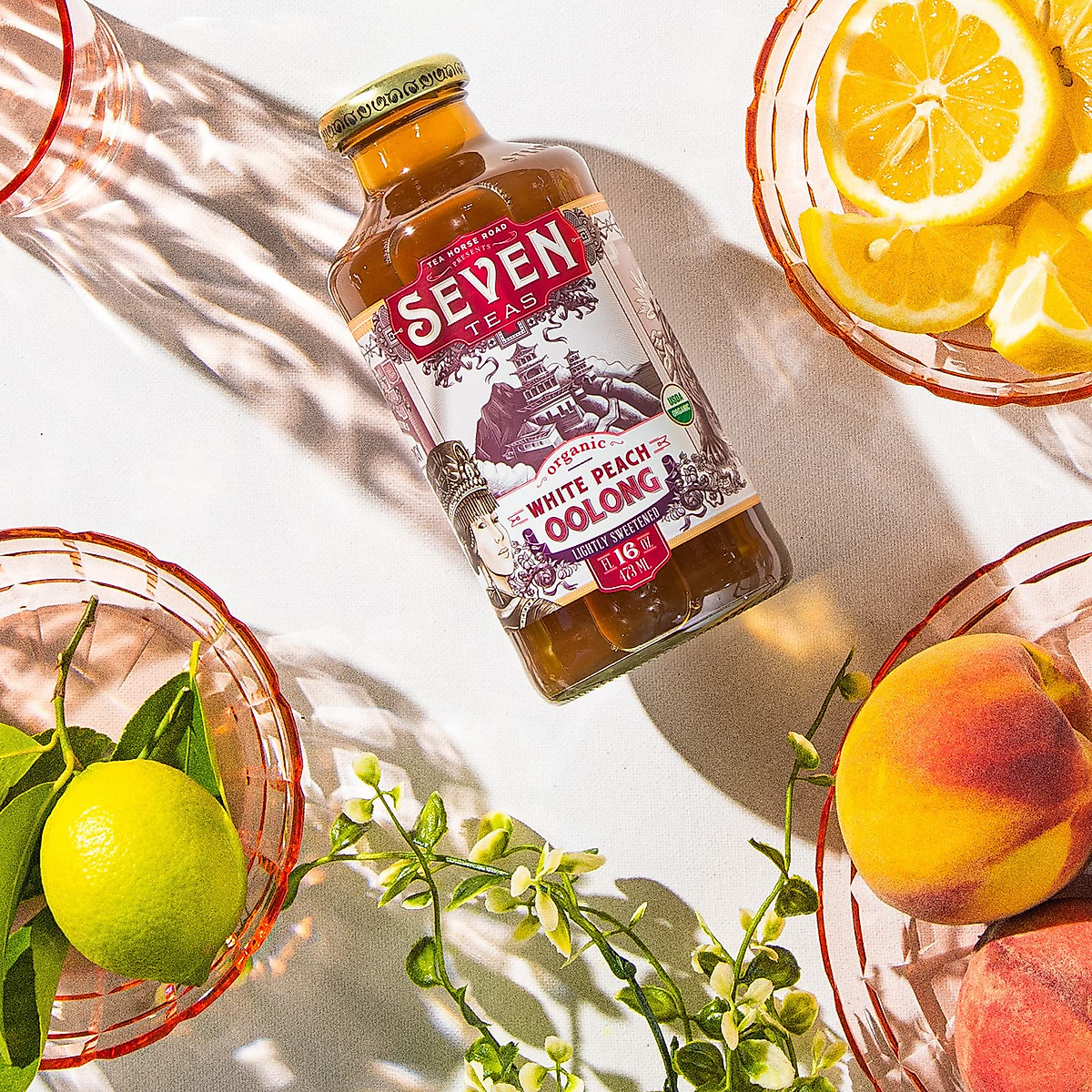 SevenTeas White Peach Oolong Tea, Organic Bottled Iced Teas 16 OZ (Pack of 12 Bottles)