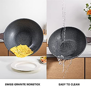 OUWO Nonstick Wok with Lid, Swiss granite 100% PFOA-Free Coating, Woks & Stir-fry Pans with Detachable Wooden Handle, Dishwasher Safe & Induction Bottom 12.5 Inch,6L