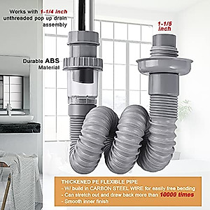 Vataler Anti-Odor Flexible Sink Drain Kit 1 1/4 For Bathroom Sink & Kitchen, Expandable P Trap Universal Drain Flex-Drain Tubing, Total Length 19-44 Inch (Gray)