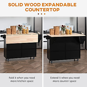 HOMCOM Rolling Kitchen Island Cart with Drop Leaf, Kitchen Cart on Wheels with Rubber Wood Top, 2 Drawers and 2 Storage Cabinets, Island Table for Kitchen, Dining Room, Black