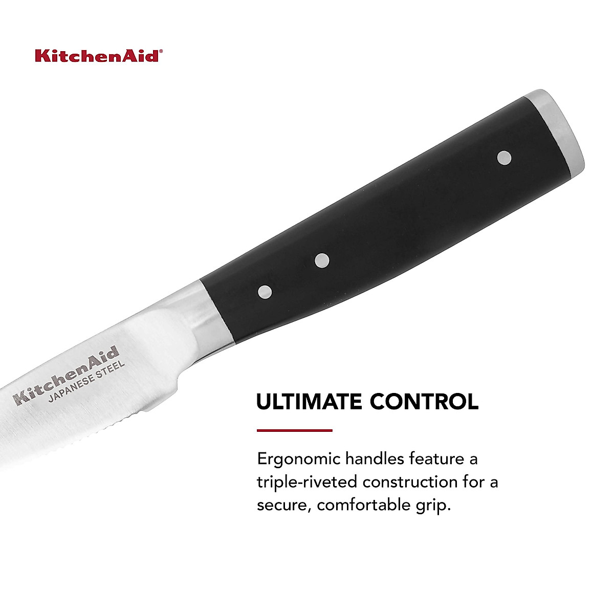 KitchenAid Gourmet Forged Triple Rivet Serrated Paring Knife with Custom-Fit Blade Cover, 3.5-inch, Sharp Kitchen Knife, High-Carbon Japanese Stainless Steel Blade, Black