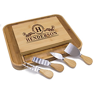 The Wedding Party Store Personalized Premium Charcuterie Cheese Board Tray Set with Spreader Utensil Tools with Any Name (Bamboo - Name Initial Style)
