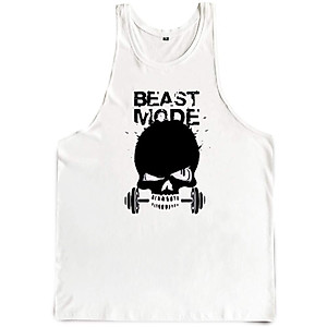 GZXISI Mens Skull Print Stringer Bodybuilding Gym Tank Tops Sleeveless Workout Shirt Fitness Vest (B# White, Large)
