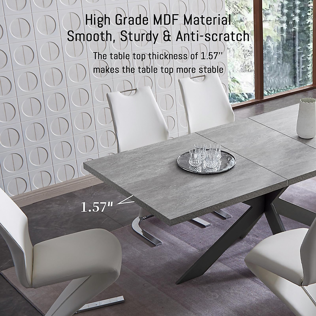 ZckyCine 6-8 People Modern Dining Table Rectangular Kitchen Dining Table Space-Saving Expandable Dining Table Metal Frame, Grey