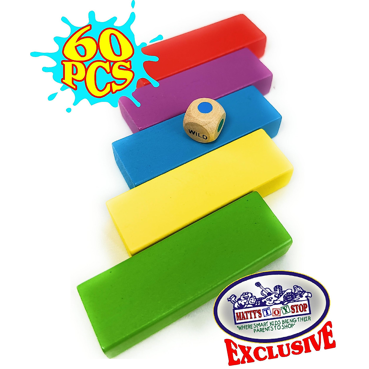 Matty's Mix-Up 60pc Large Colorful Wooden Tumble Tower Deluxe Stacking Game with Storage Bag