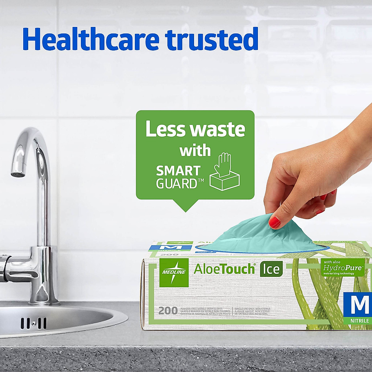 Medline Aloetouch Ice Powder-Free Latex-Free Nitrile Exam Gloves, Green, Medium, 200 Count