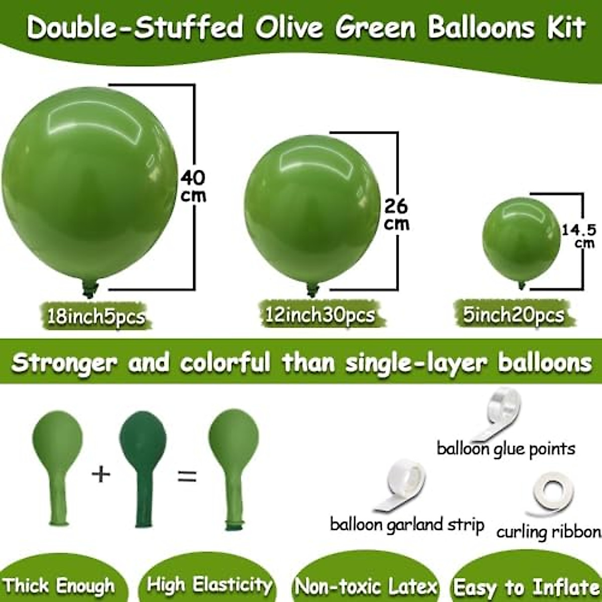 Double Stuffed Olive Green Balloon Garland Kit - Sage Green Balloons Different Sizes 18/12/5 Inch for Baby Shower Birthday Tropical Jungle Safari Theme Party Decoration