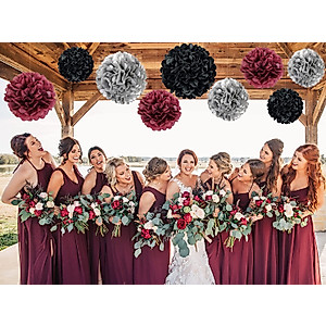 9PCS Maroon Burgundy Black Silver Tissue Paper Flowers Hanging Pom Poms Wall Backdrop Streamers for Graduation Bridal Wedding Shower Bachelorette Retirement Party Décor