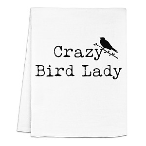 Funny Kitchen Towel, Crazy Bird Lady, Tea Joke, Flour Sack Dish Towel, Sweet Housewarming Gift, White or Gray (White)