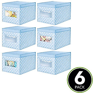 mDesign Large Soft Stackable Fabric Baby Nursery Storage Organizer Holder Bin Box with Front Window/Lid for Child/Kids Bedroom, Playroom, Classroom, Lido Collection, 6 Pack, Light Blue/White Polka Dot