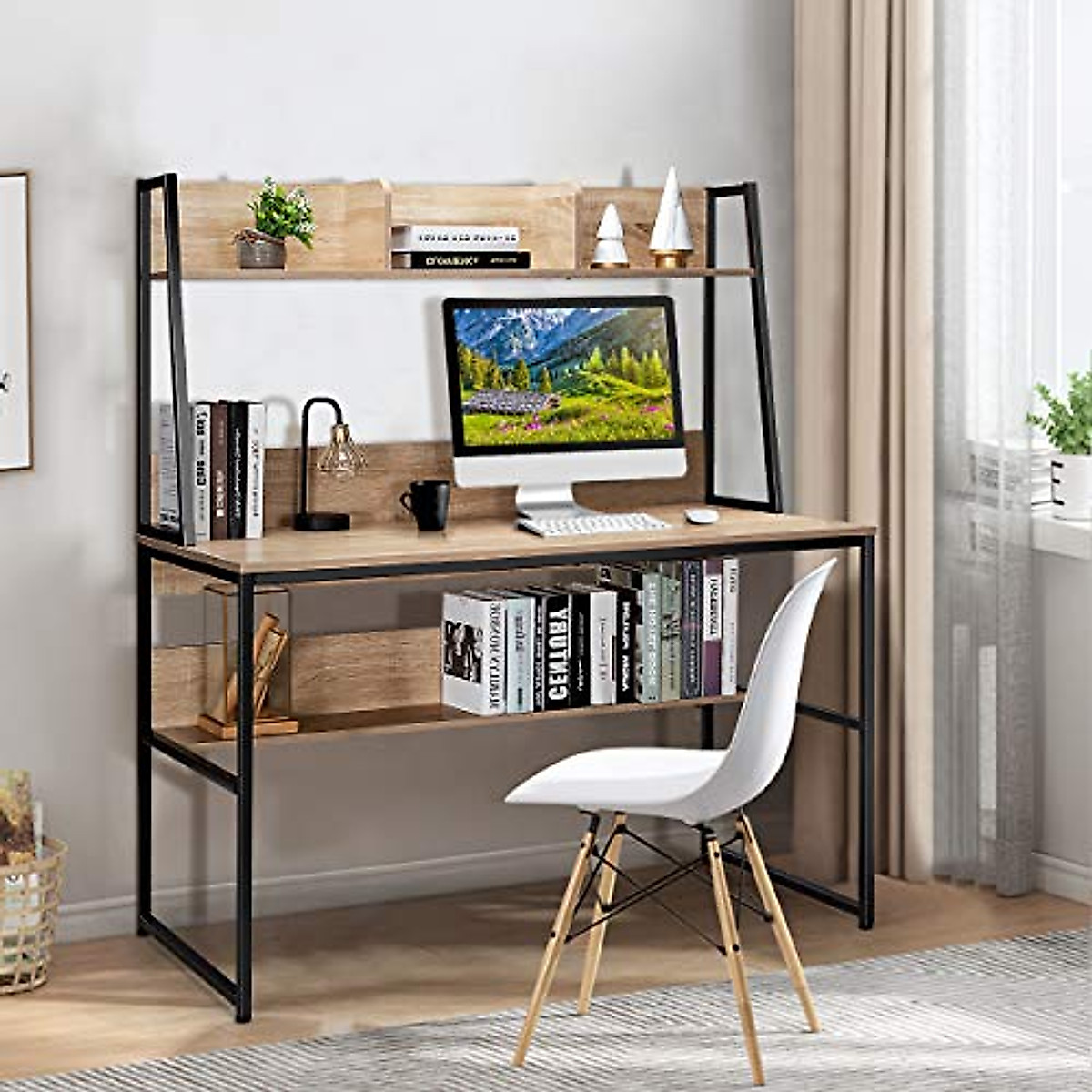 Tangkula Computer Desk with Hutch & Bookshelf, 47 Inches Space Saving Writing Study Table Home Office Desk, PC Laptop Table Workstation with w/ 3 Open Storage Space & Bottom Bookshelf (Natural)