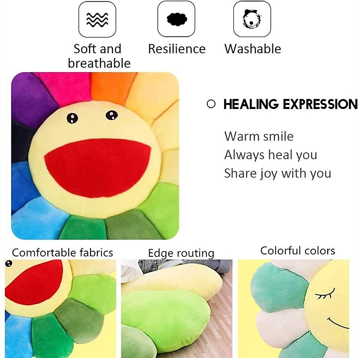 SNEPOO Smile Face Plush Rainbow Pillow, Sunflower Indie Decor Plush Pillow Soft & Comfortable Flower Floor Pillow for Home Reading Bed Room Decoration