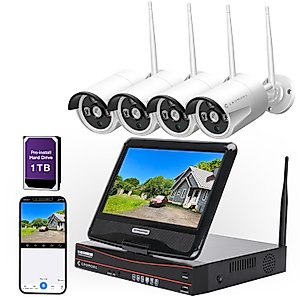 10CH Expandable Wireless Security Camera System with 10.1" Monitor 4pcs 3MP Indoor Outdoor Camera 1-Way Audio Night Vision Motion Detection Home Business CCTV Surveillance 1TB HDD