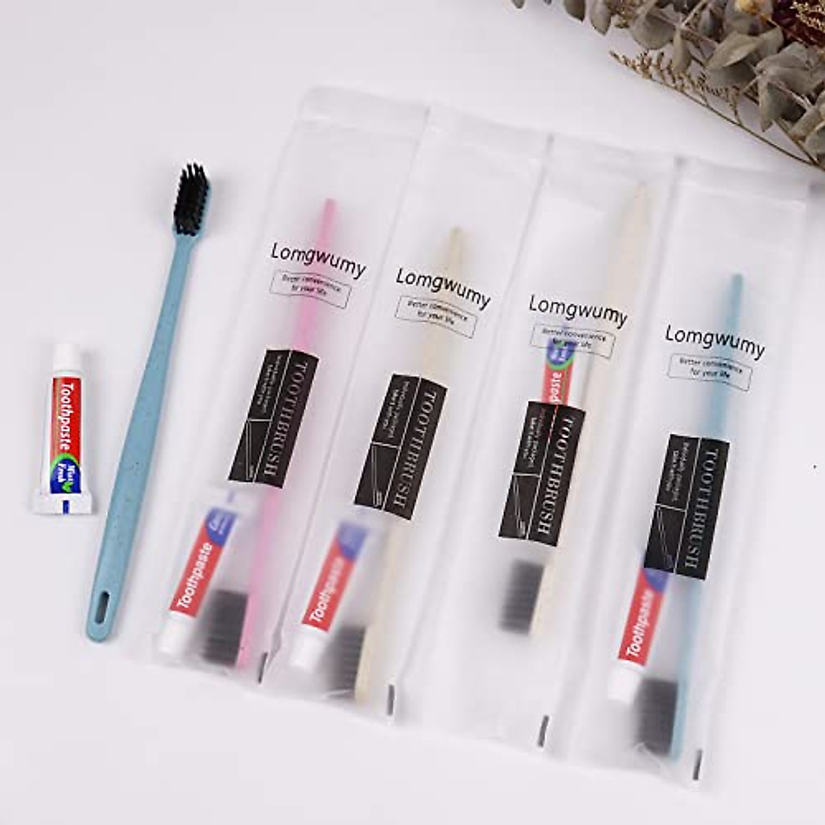 Lomgwumy Disposable Toothbrush, Toothbrush Bulk, Bulk Toothbrush and Toothpaste Sets, 4 Colors, Individually Packaged, Delicate and Practical, Suitable for Hotel, Home, Travel, Camping (PACK-32)