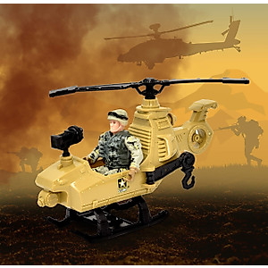 US Army Men Action Figure Toy Playset for Boys Desert Forces and Rescue Team Military Vehicle, Rescue Boat and Helicopter 4 Military Men Action Figures with Weapon Accessories and Top Secret Notepad