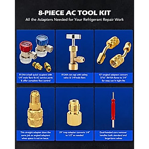 Orion Motor Tech AC Adapter Tool Kit, 8-Piece AC Gauge Hose Conversion Adapters Including R134A Can Tap, R134A Quick Couplers, R410 Adapters, Tank Adapter and Valve Core Remover