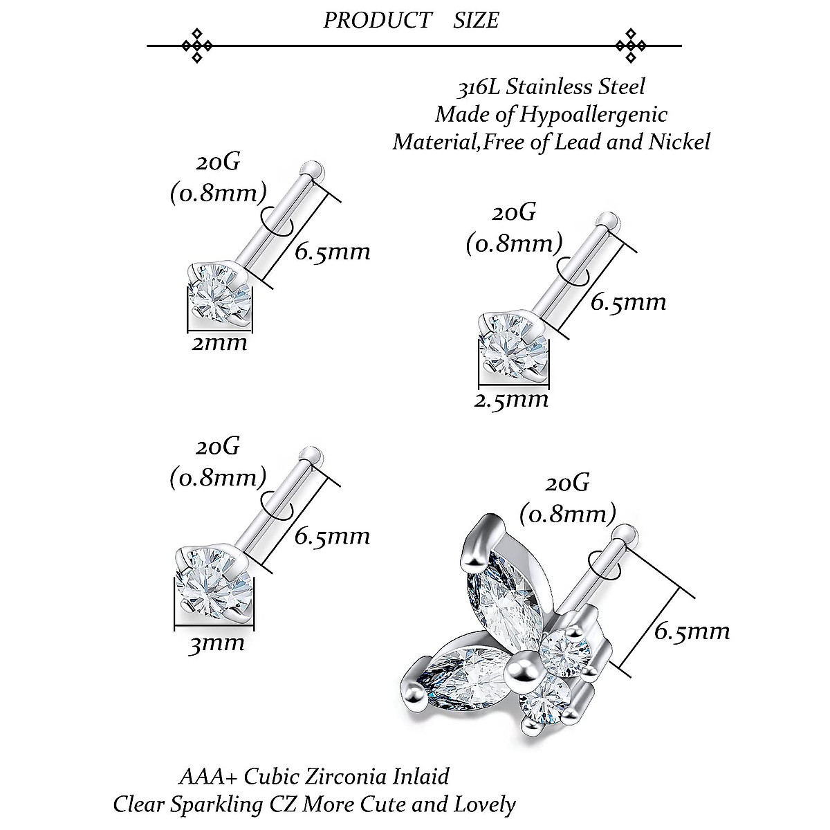 20G Flower Nose Rings for Women 316L Surgical Stainless Steel L Shaped Nose Studs Screw Bone butterfly Nose Rings Heart-Shaped Nose Studs Nostril Piercing Diamond CZ 2mm 2.5mm 3mm Silver 12pcs