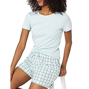 Amazon Essentials Women's Lightweight Flannel Short and Cotton T-Shirt Sleep Set, Light Blue Plaid, Small