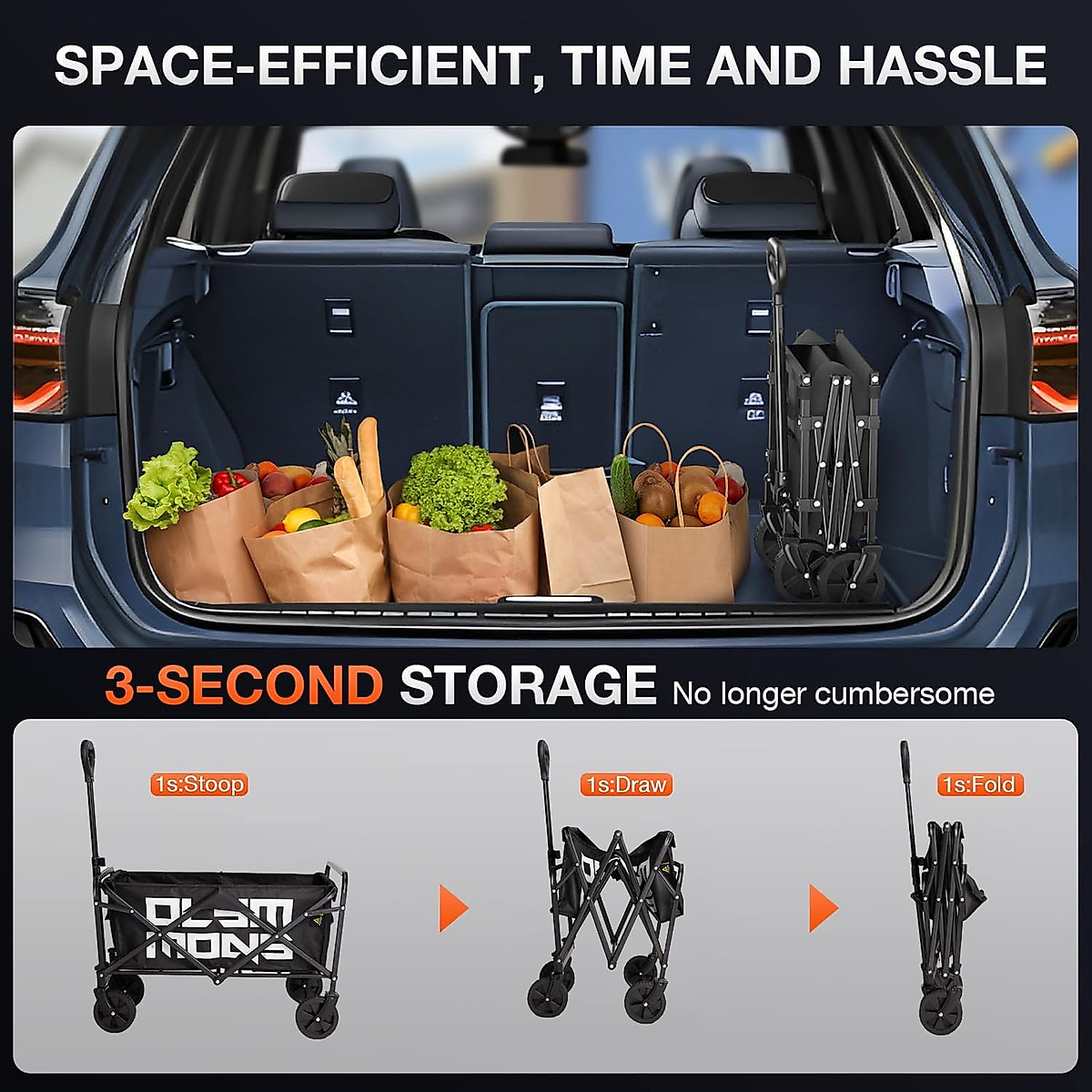 Olymmons Collapsible Folding Wagon Carts 260lbs Weight Capacity Heavy Duty Foldable Utility Wagon Cart with All Terrain Wheels for Camping,Shopping,Grocery,Beach,Garden