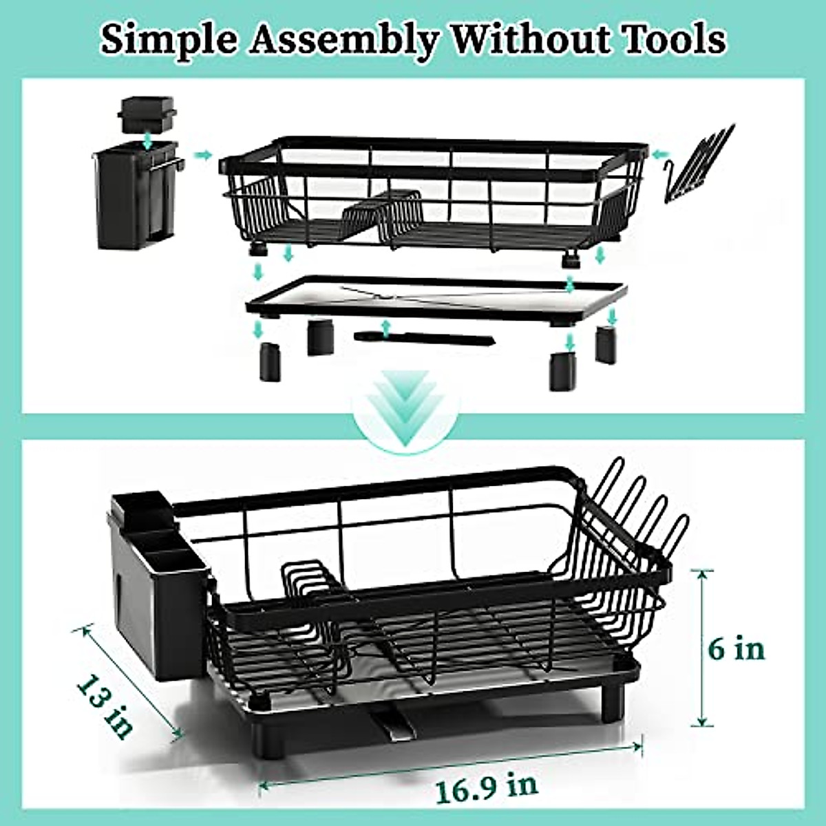 BUDO Dish Drying Rack, Stainless Steel Plate Rack with Drainboard, Removable Utensils and Cup Storage Holder, 360° Swivel Spout for Kitchen Counter (Black)