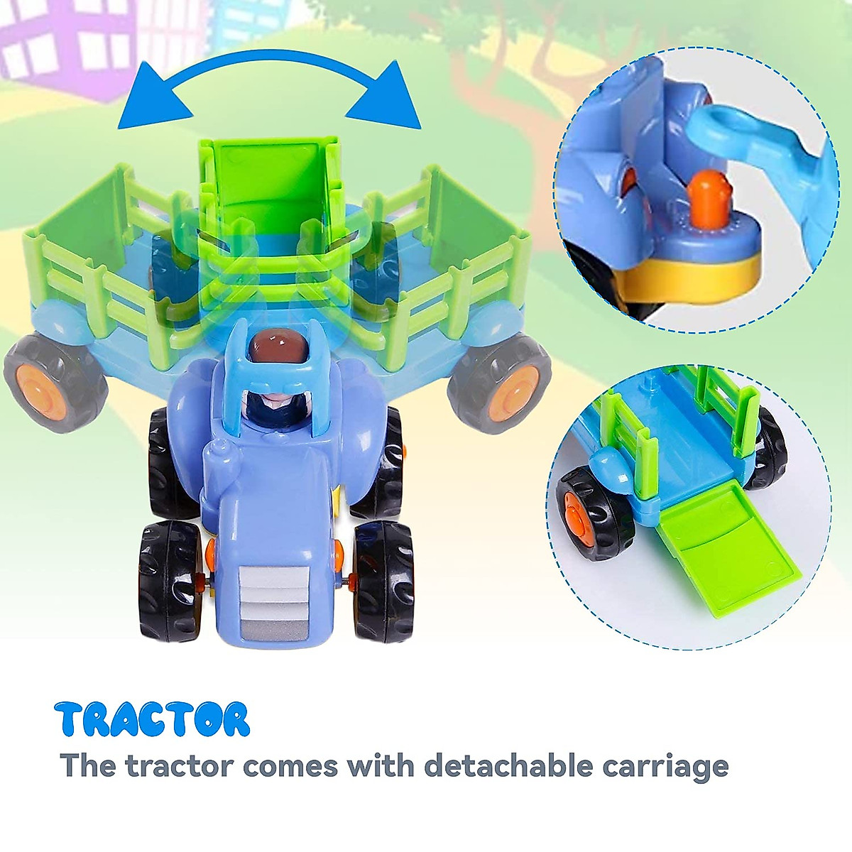 4 Pack Friction Powered Cars Set, Educational Vehicles Toy Gifts for Kids Toddler Baby 18 month +, Push and Go Bulldozer Tractor Dumper Cement Mixer Engineering Trucks Toys for Boys Girls Birthday