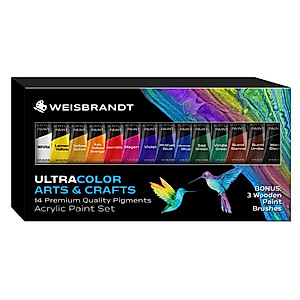 WEISBRANDT Ultra Color Arts & Crafts Acrylic Paints, 14 Colors, Premium Quality Pigments, Matte Finish, 0.4oz/12 ml, Water-Based Acrylic Paint Set, for all Porous Surfaces