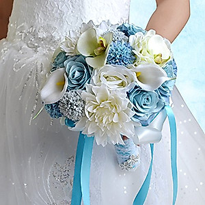 Abbie Home Real Touch Calla Lily Dahlia Bridal Bouquets Crystal Light Blue Ribbon Beach Wedding Rose Flowers Décor (B Round Bouquet)
