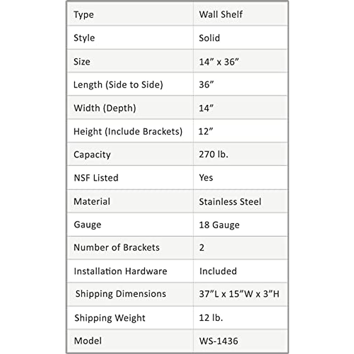 AmGood 14" X 36" Stainless Steel Wall Shelf | Metal Shelving | Garage, Laundry, Storage, Utility Room | Restaurant, Kitchen | Food Prep | NSF Certified