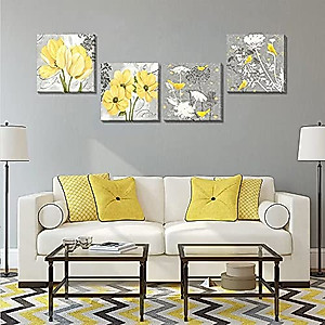 Wall HDQ Yellow Gray Wall Art Canvas Flowers Birds Wall Decor for Living Room Bathroom Abstract Modern Floral Large Posters Print Artwork Framed Hang Pictures for Home Decorations 12''x12'' x4 Panels