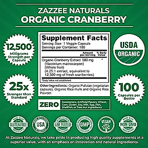 Zazzee USDA Organic Cranberry 25:1 Extract, 12,500 mg Strength, 100 Vegan Capsules, Over 3 Month Supply, Standardized, Concentrated 25X Extract, 100% Vegetarian, Certified Organic, Non-GMO All-Natural