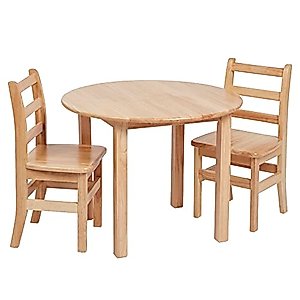 ECR4Kids 30in Round Hardwood Table and Chairs, 14in Seat Height, Kids Furniture, Natural, 3-Piece