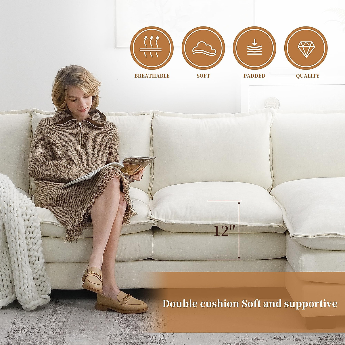 Tmsan 118" Convertible L Shaped Couch, Comfy Modular Sectional Sofa with Double Cushions, Chenille Upholstered Cloud Couches for Living Room, Beige