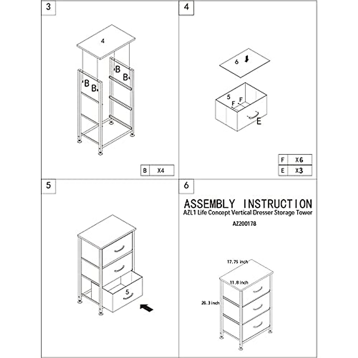 AZL1 Life Concept, 3 Drawers Fabric Dresser Storage Tower, Organizer Unit for Bedroom, Closet, Entryway, Hallway - Dark Grey