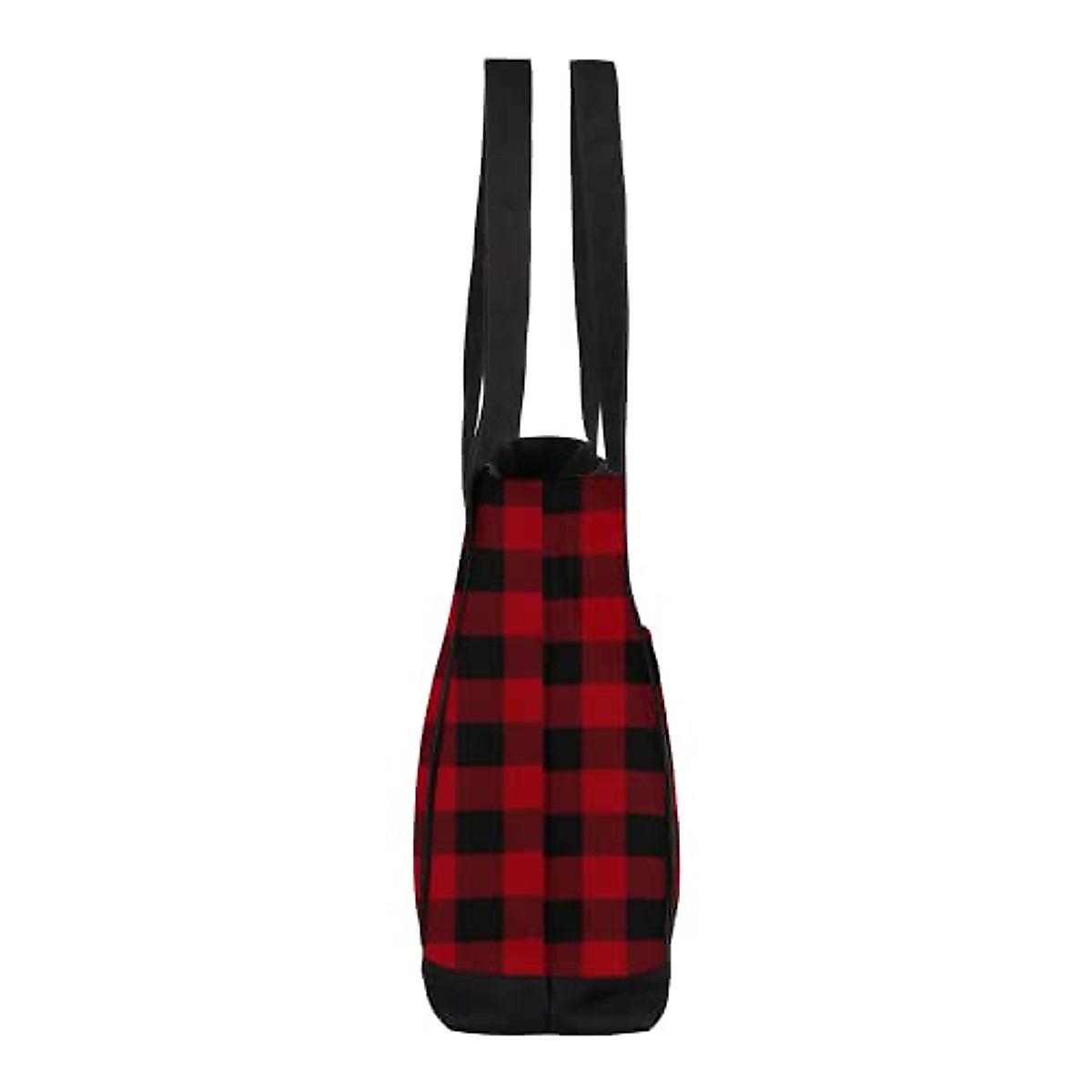 Red Buffalo Plaid Canvas Totes Shoulder Bag for Women Girls, Checkered Pattern Handbag with External Pockets Daily Essentials Large Top Zipper Cloth Bag