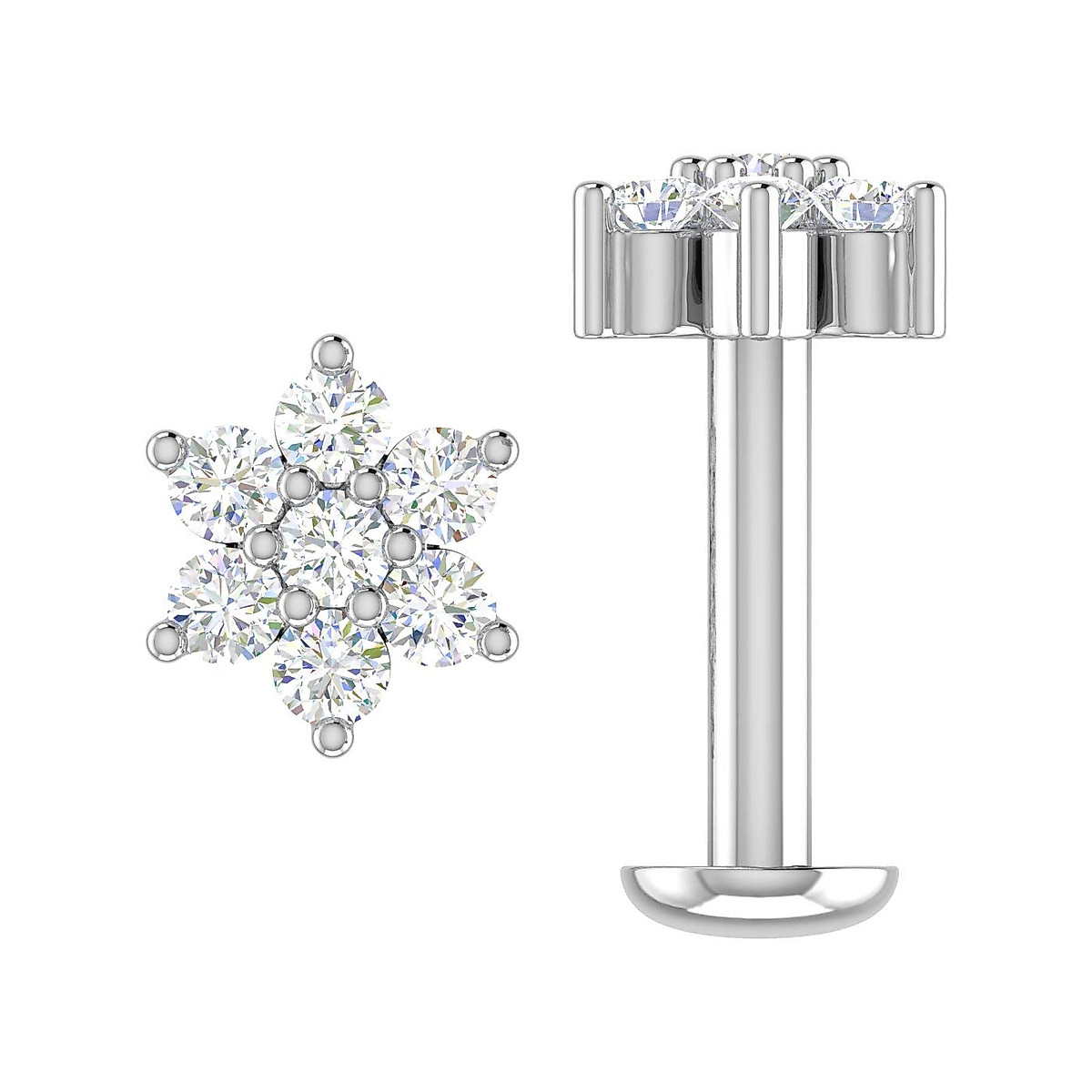 FINEROCK 1/10 Carat 7-Stone Cluster Diamond Nose Pin Stud in 18K White Gold (SI1-SI2 Clarity)