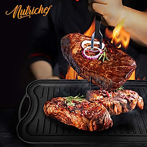 NutriChef Reversible Plate-PFOA & PFOS Free Oven Safe Flat Cast Iron Skillet Griddle Grilling Pan w/Scraper for Electric Stovetop, Ceramic NCCIRG64, BLACK
