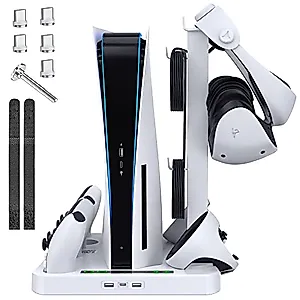 Hastraith Stand for PSVR 2 & PS5 Console, [5 in 1] Stand with Cooling Fan, Dual Controller Magnetic Charging Port for PSVR 2 & PS5, Charging Indicator Light, Storage Stand Perfect for PSVR 2 & PS5