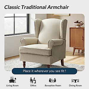 HULALA HOME Wingback Accent Chair with Retro Wooden Legs, Traditional Fabric Armchair for Living Room Bedroom, Comfy Upholstered Single Sofa Chair Reading Chair, Tan